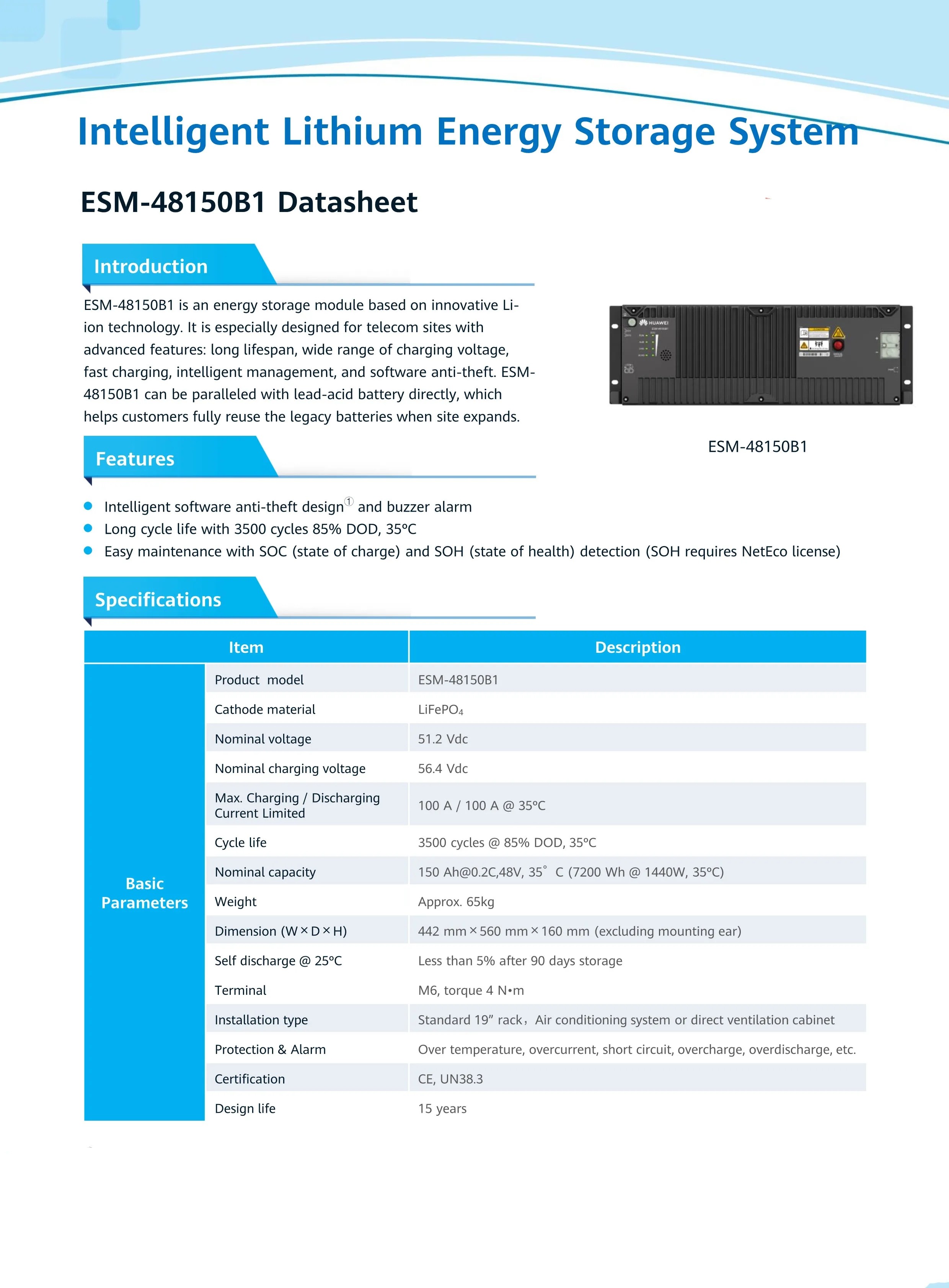 Huawei ESM-48150B1 (SmartLi-48-150) LiFePO4 Battery For Energy Storage ...
