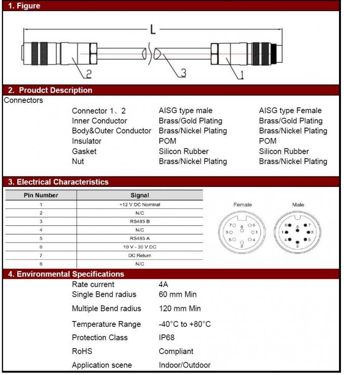 8 Pin Aisg Ret Cable 300v Maximum Voltage Iec 60130-9 Standard